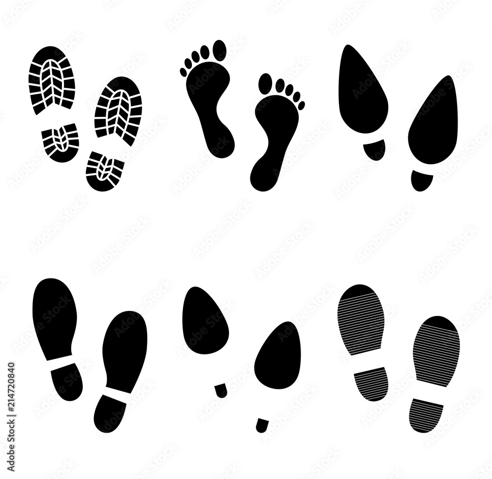 Human footprint vector icon set. Bare foot, boots, high heels etc ...