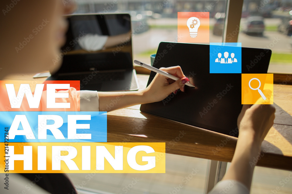 We are hiring text on virtual screen. Recruitment. HR. Human resources ...