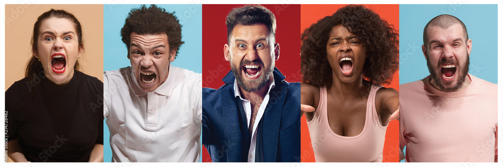 Angry people screaming. The collage of different human facial ...