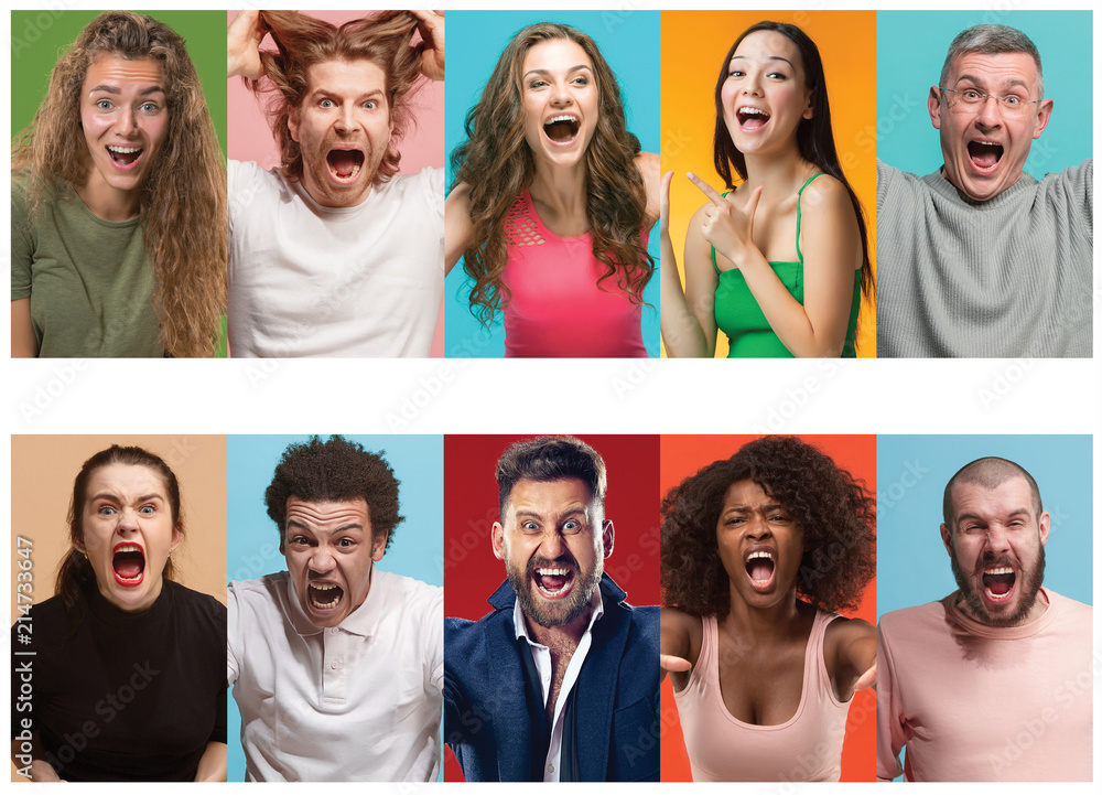 Angry people screaming. The collage of different human facial ...