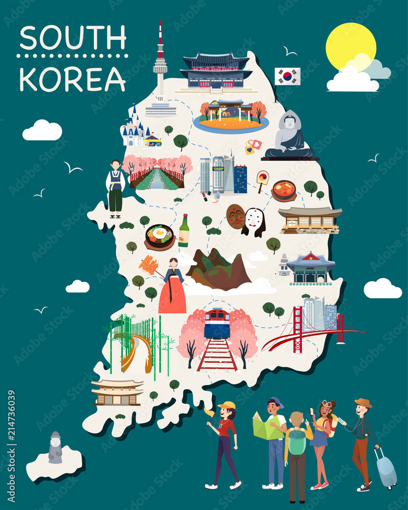 Map Of Korea Attractions Vector And Illustration. Stock Vector | Adobe ...