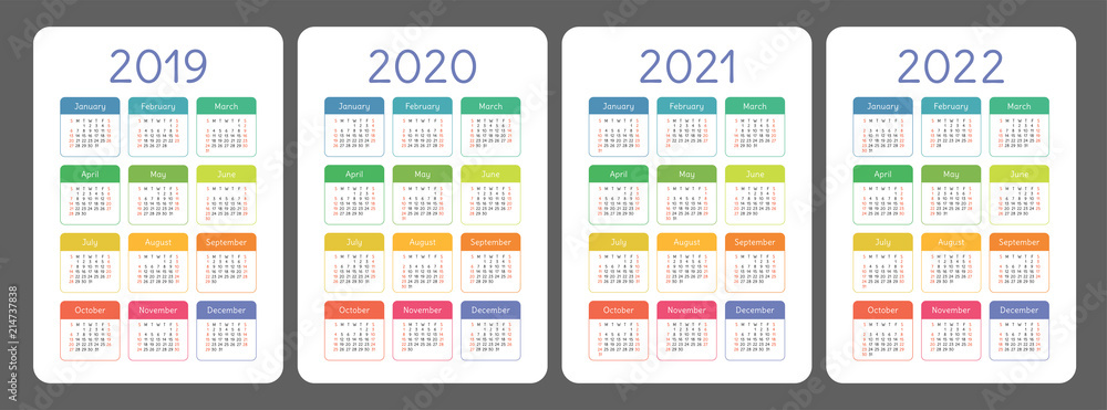 Calendar 2019, 2020, 2021, 2022 years. Colorful vector set. Week starts ...