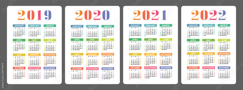 Calendar 2019, 2020, 2021, 2022 years. Colorful vector set. Week starts ...