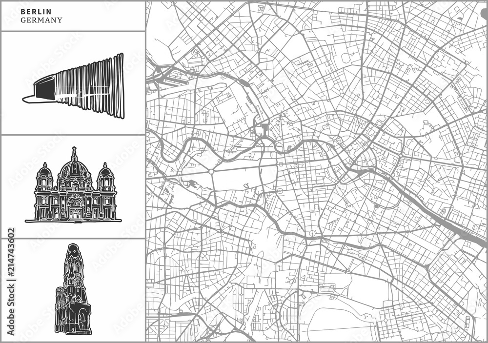 Berlin city map with hand-drawn architecture icons Stock Vector | Adobe ...