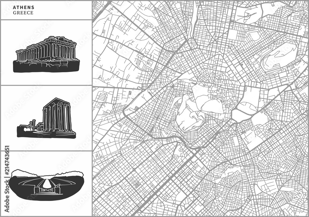 Athens city map with hand-drawn architecture icons Stock Vector | Adobe ...