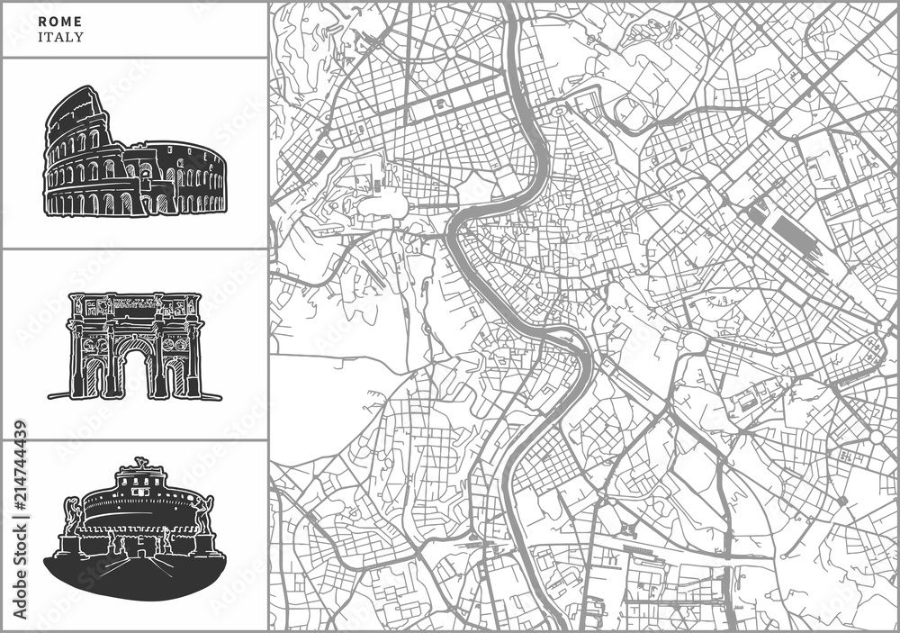 Rome city map with hand-drawn architecture icons Stock Vector | Adobe Stock