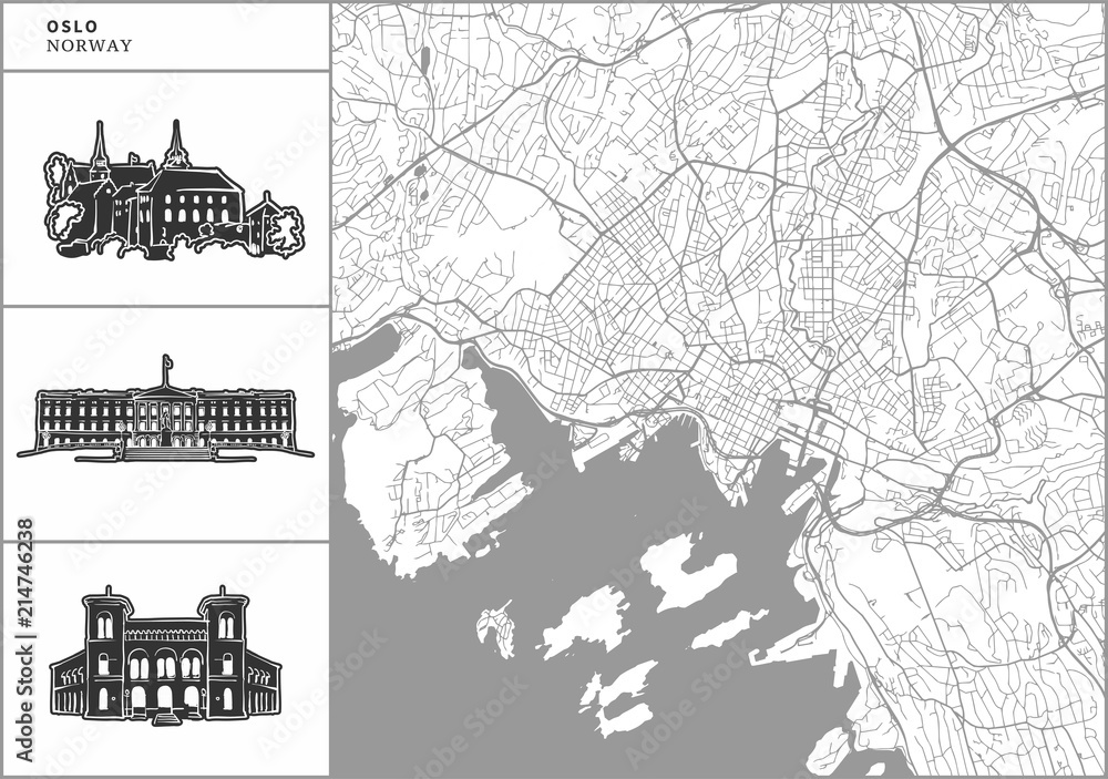 Poster Oslo city map with hand-drawn architecture icons – Wall Art ...