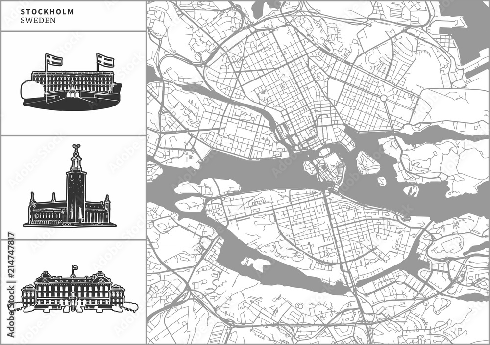 Stockholm city map with hand-drawn architecture icons Stock Vector ...