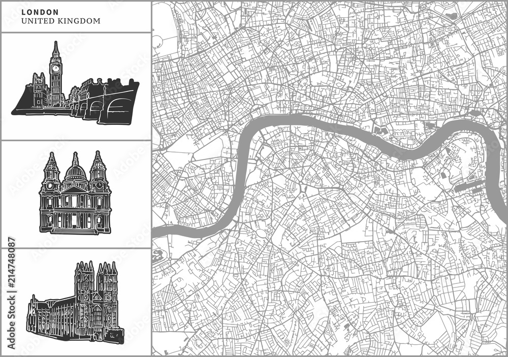 London city map with hand-drawn architecture icons Stock Vector | Adobe ...
