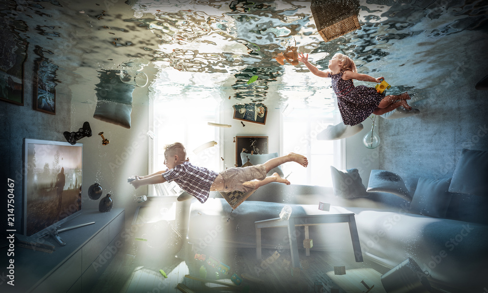 creative and abstract image, flooded living room, floating objects and ...