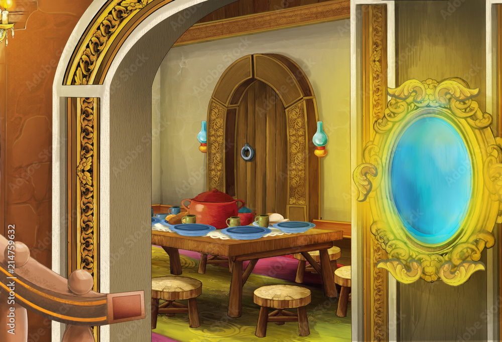cartoon scene with medieval castle room - entrance to kitchen ...