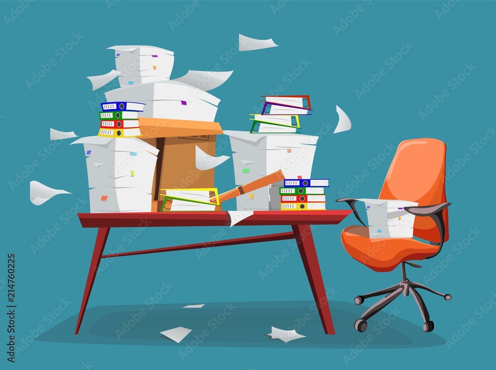 Pile of paper documents and file folders in carton box on office table ...