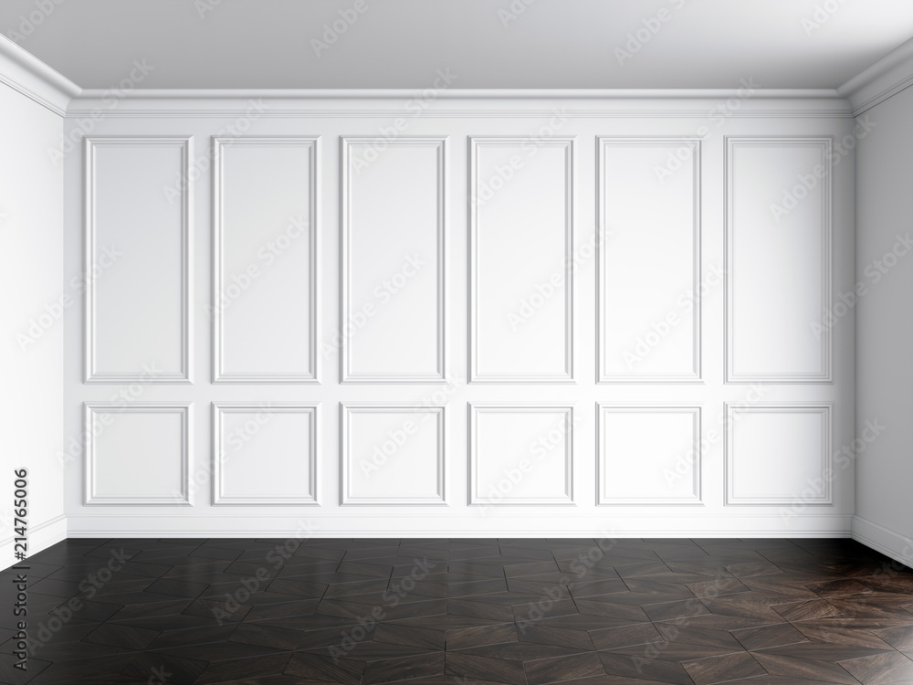 3d render of white interior with panels on wall and dark wood on floor ...