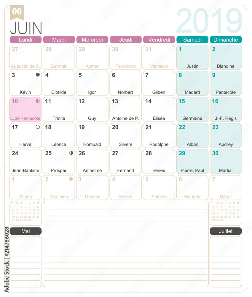 French Calendar - June 2019 / French printable monthly calendar ...