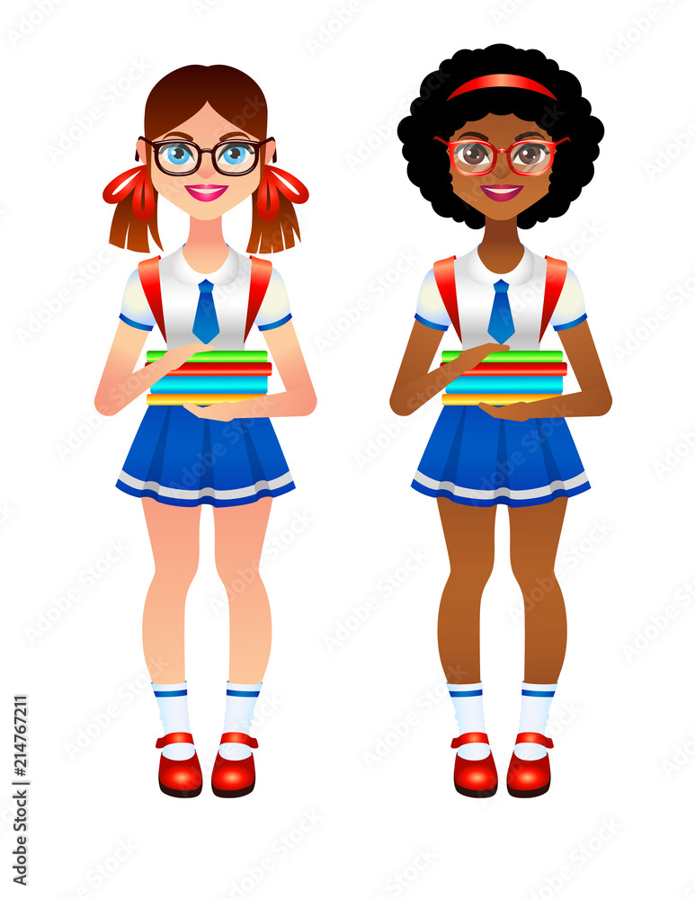Vector colorful set of different nationalities kids going to school ...