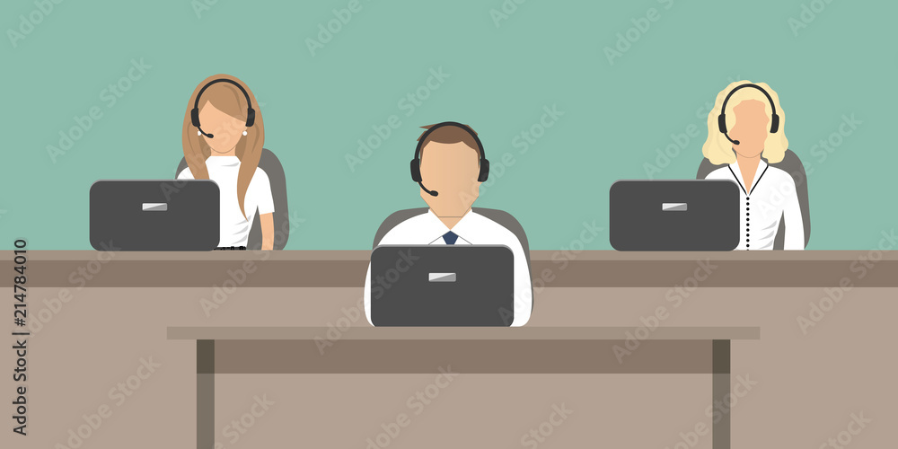 Web banner of call center workers. Young man and women in headphones ...