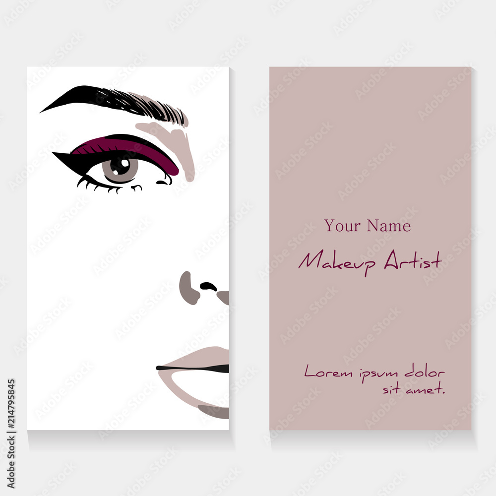 Set business card template for makeup artist. Beautiful woman portrait ...