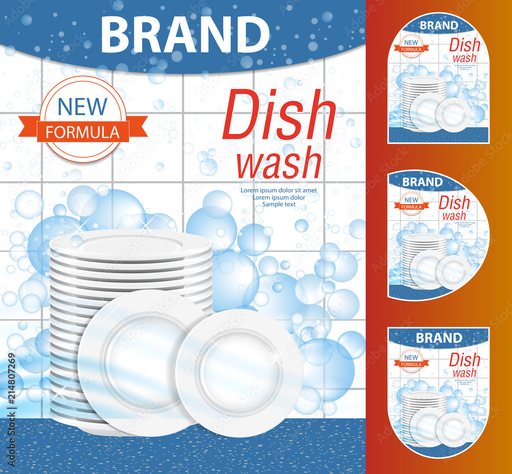 Dishwashing liquid products with plates stack in bubbles. Bottle label ...