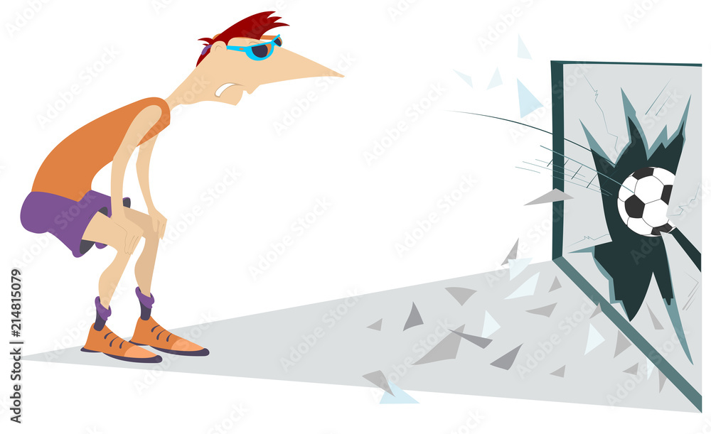 Cartoon football player has kicked a ball into a glass window ...