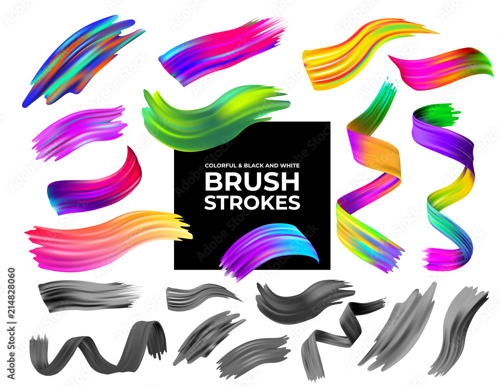 Set of colorful and black and white brush strokes oil or acrylic paint ...