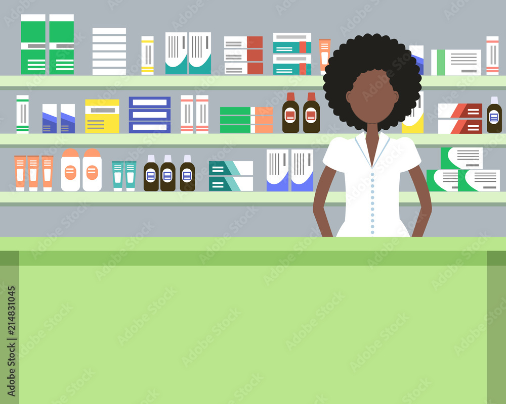 Web banner of a pharmacist. Cute black woman in the workplace in a ...