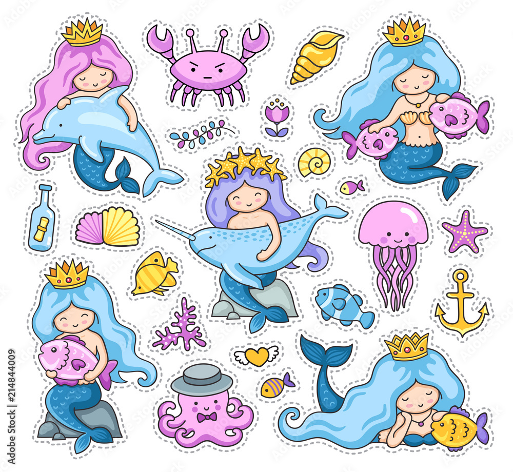 Big set of little mermaids stickers. Crab, jellyfish, octopus, dolphin ...