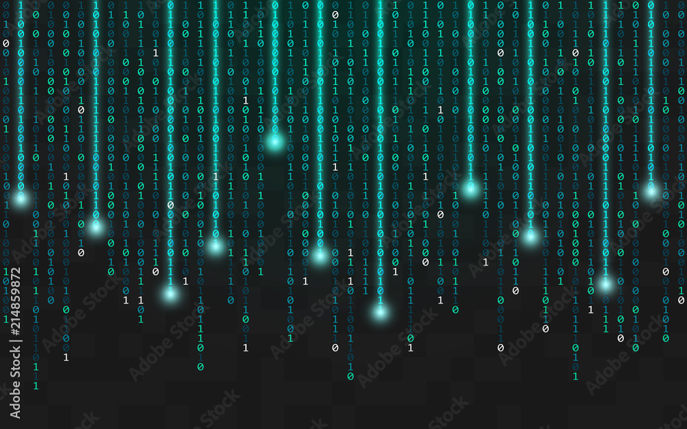 Binary Background Running Bright Code With Lights Falling Digits On