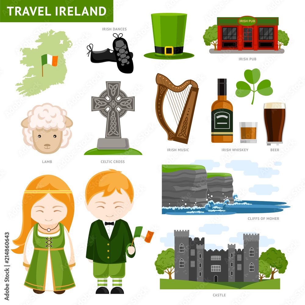 Travel to Ireland. Set of illustrations of Irish architecture, drinks ...