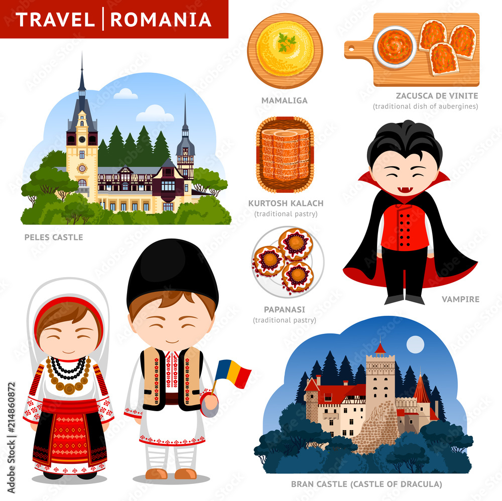 Travel to Romania. Set of traditional cultural symbols, cuisine ...