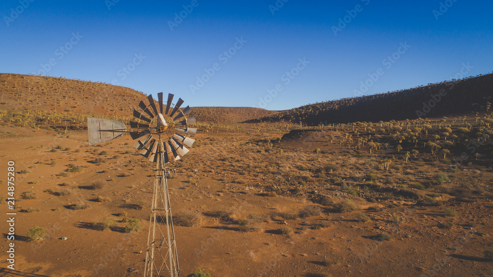 Aerial image over an old windmill / windpump / windpomp in the karoo ...