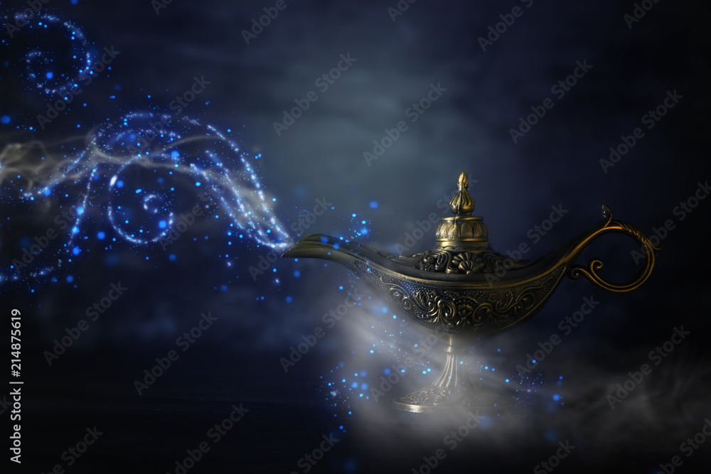 Image of magical mysterious aladdin lamp with glitter sparkle smoke ...