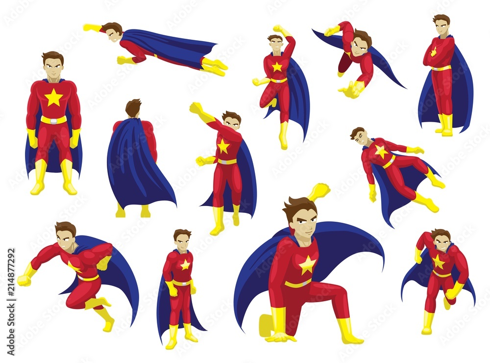 Superhero Man Poses Cartoon Emotion faces Vector Illustration Stock ...