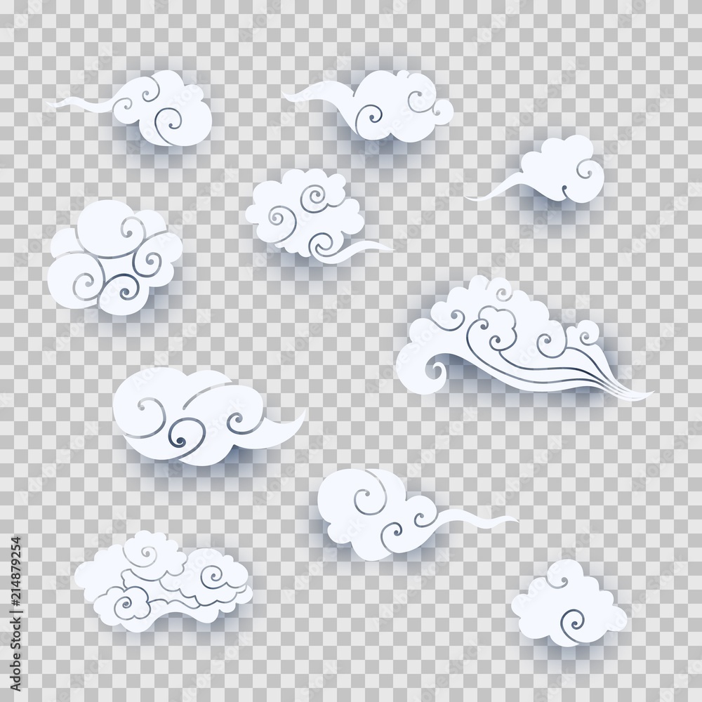 Collection of white asian clouds. Set of paper cut cartoon clouds in ...