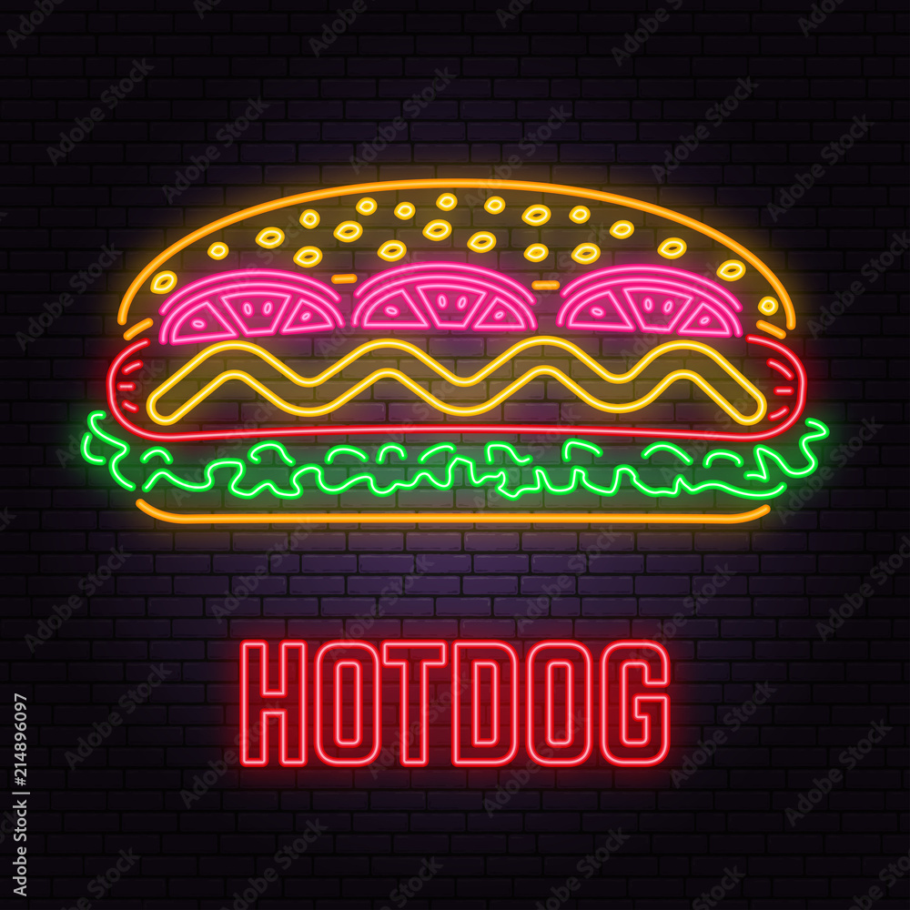 Retro neon hot dog sign on brick wall background. Design for cafe ...