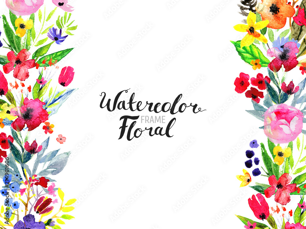 Watercolor Floral Background. Hand painted border of flowers. Painting ...