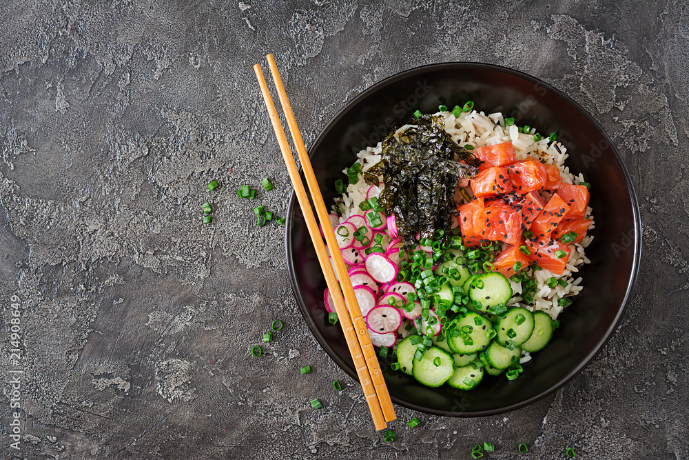 Photo & Art Print Hawaiian salmon fish poke bowl with rice, radish ...
