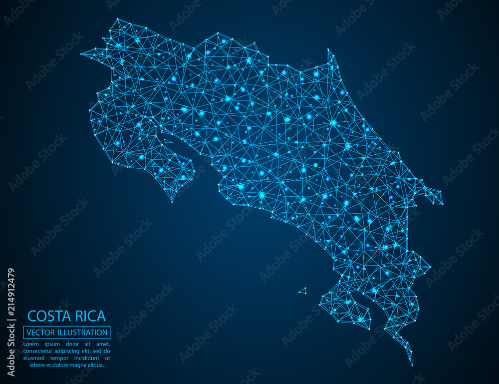 A map of Costa Rica consisting of 3D triangles, lines, points, and ...