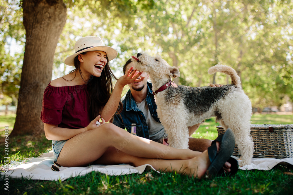 Couple having fun with their pet on picnic Stock Photo | Adobe Stock