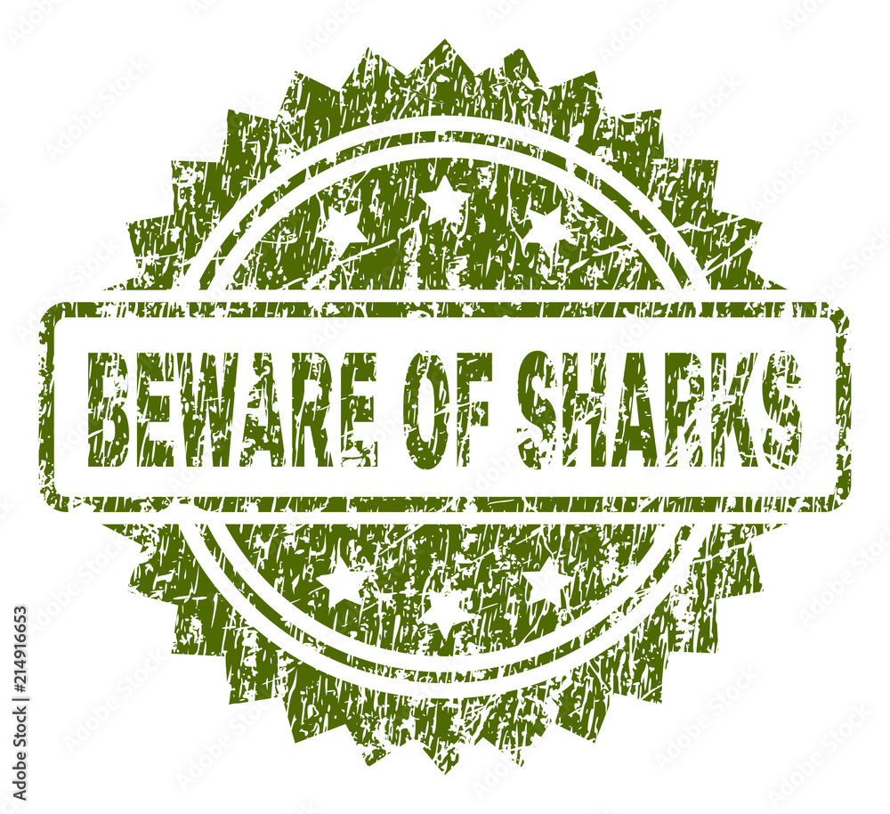 BEWARE OF SHARKS stamp seal watermark with rubber print style. Green ...