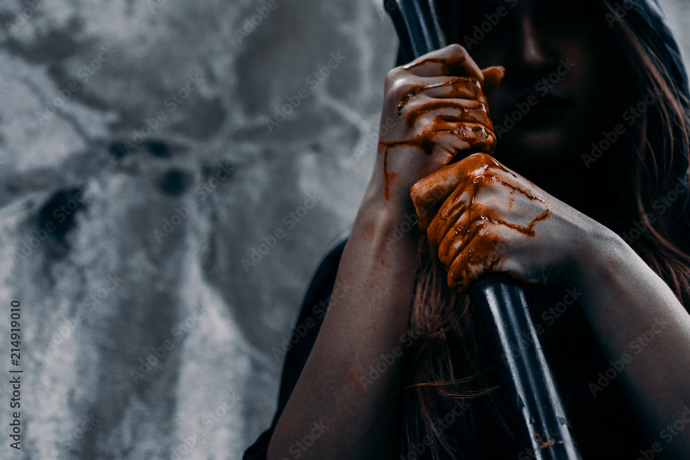 Psychopom with scythe horor halloween at dark background, demon or ...