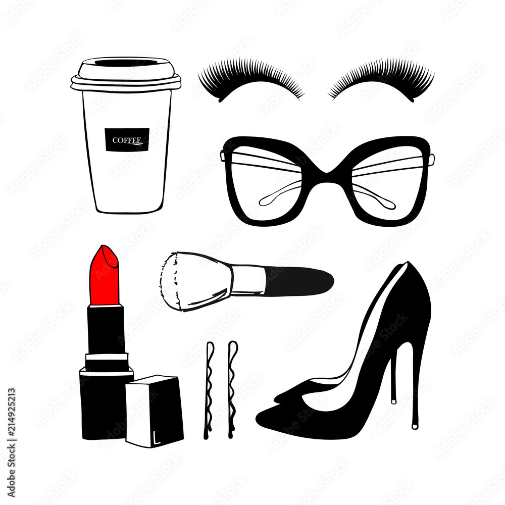 Vector Fashion Sketch Set Hand Drawn Graphic Shoes Makeup Brush