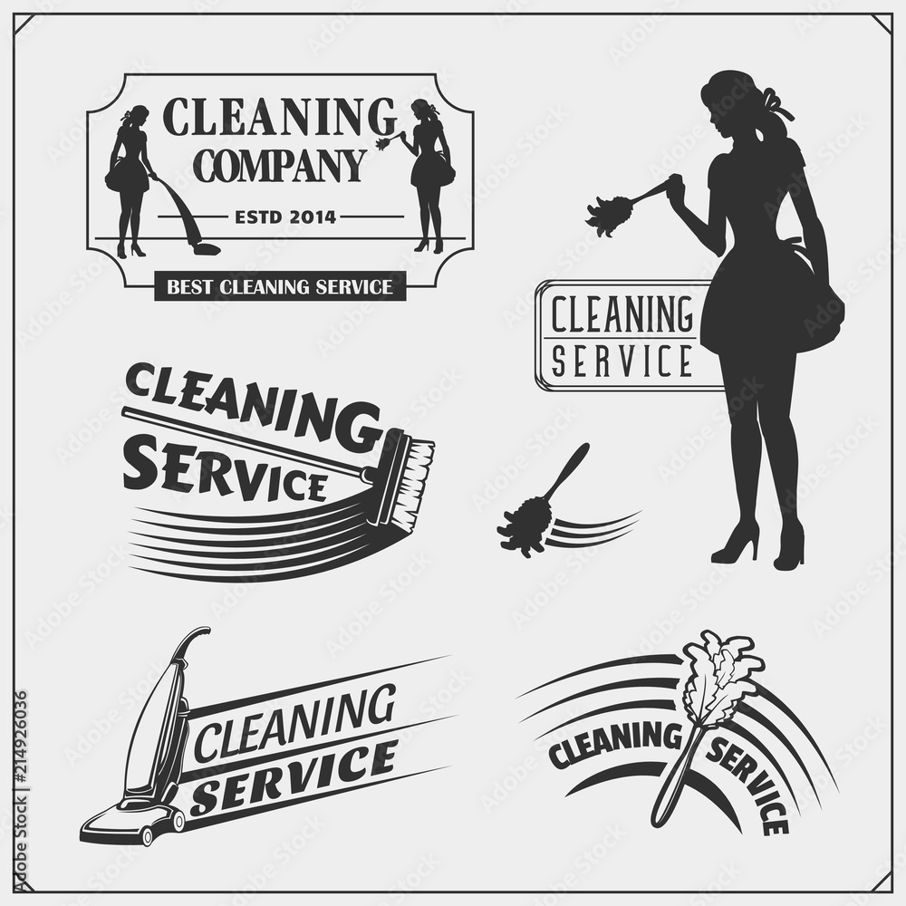 Set of cleaning service emblems with beautiful young maid. Clining ...