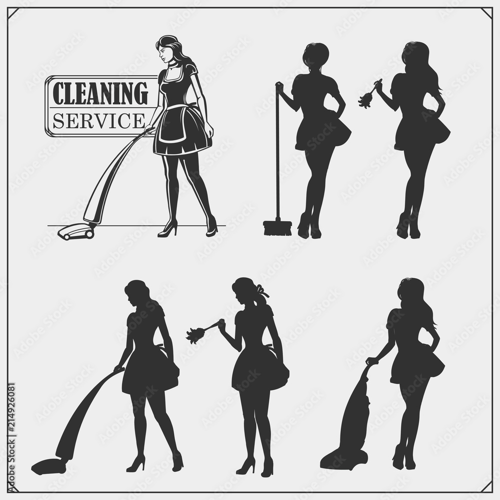 Set of cleaning service emblems with beautiful young maid. Clining ...