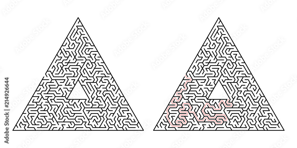 Triangular labyrinth. Maze isolated on a white background. Solution is ...