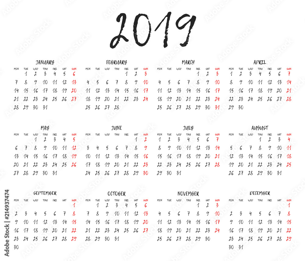 Simple calendar grid for 2019. Calendar template. Week starts monday ...