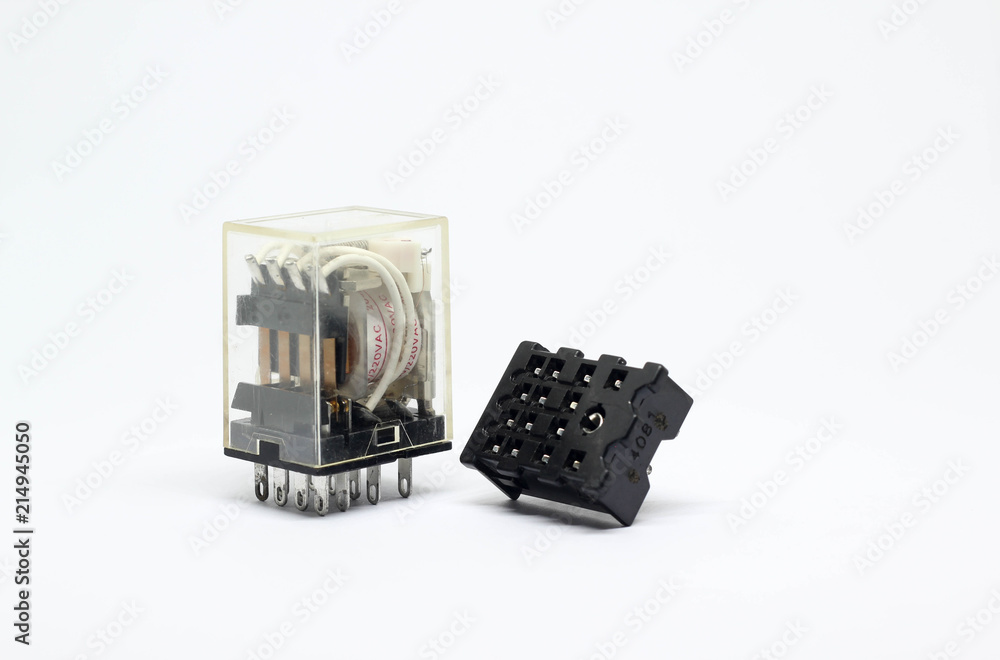 Electrical auxiliary relay in transparent plastic cases and black ...