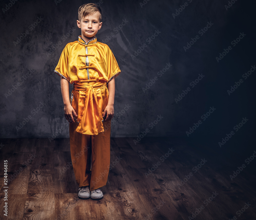 Cute boy dressed in the traditional costume of a Tibetan monk, posing ...
