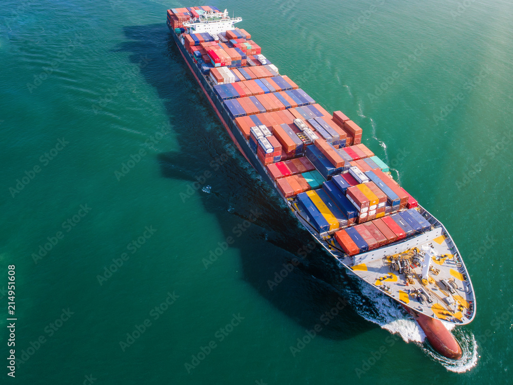 aerial view of the container ship sailing in the medsea, transport ...