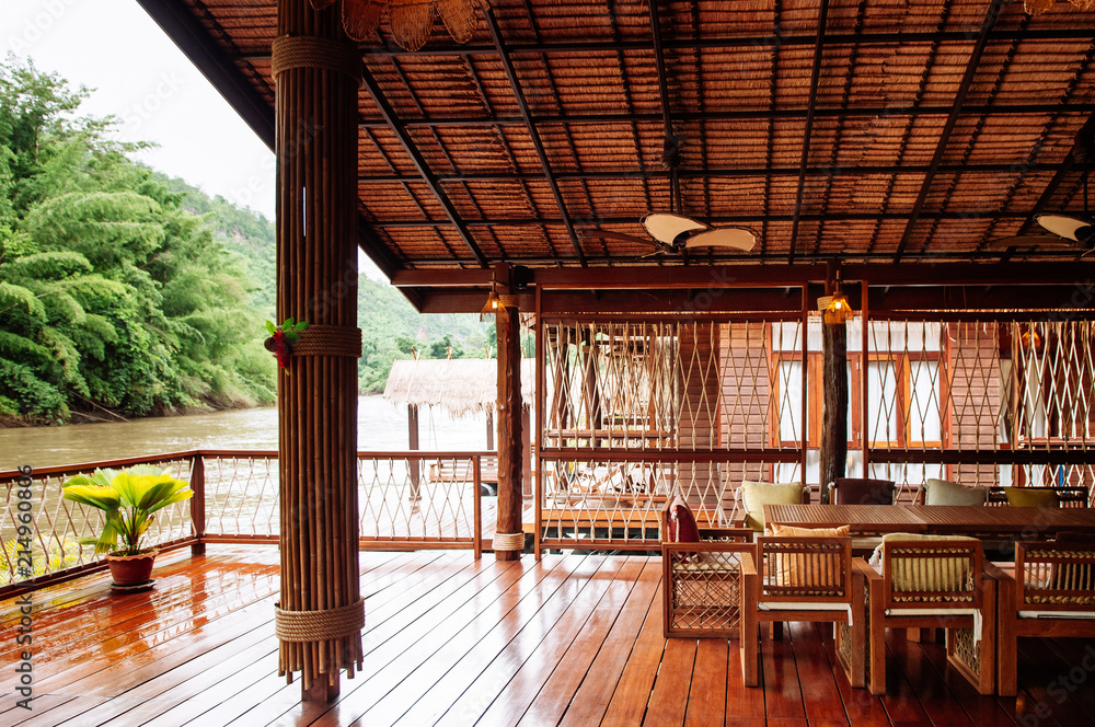 Interior of Wooden floating raft house in river Kwai at Sai Yok ...