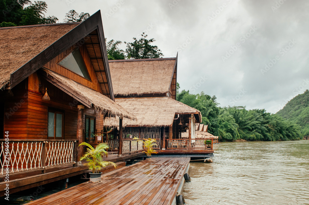 Wooden floating raft house in river Kwai at Sai Yok, Kanchanaburi ...